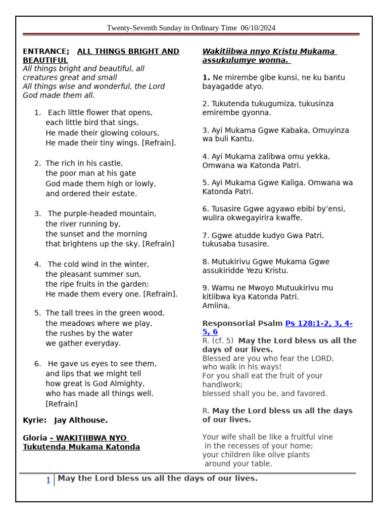 27th Sunday Ordinary Time Mass Guide | PDF | Christian Worship And ...