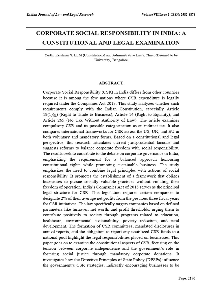 Corporate Social Responsibility in India - A Constitutional and Legal Examination | PDF ...