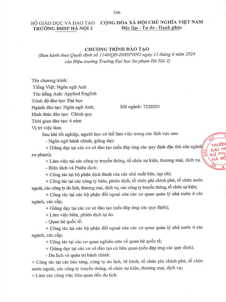 00 Hpu2 Chuong Trinh Dao Tao Ngon Ngu Anh | PDF