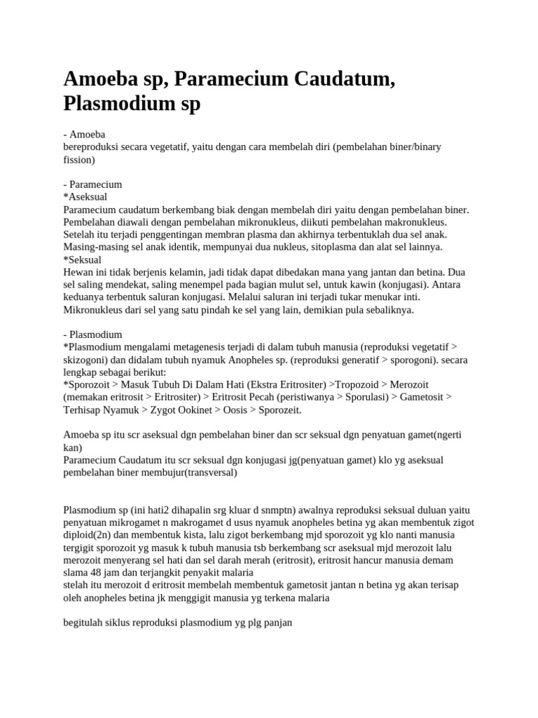 Amoeba SP, Paramecium Caudatum, Plasmodium SP | PDF