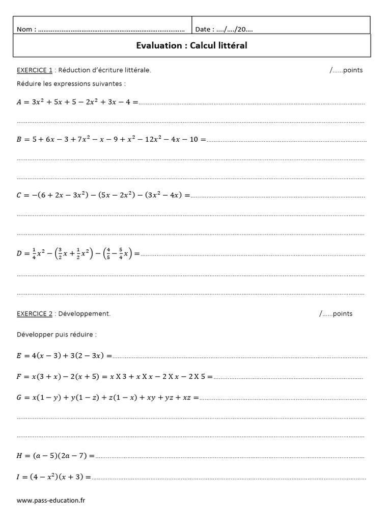 Calcul-littéral-4ème-Contrôle | PDF