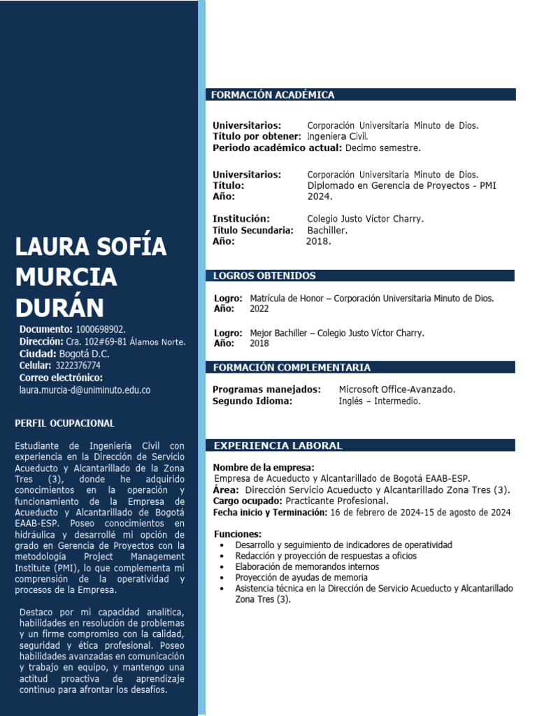 Hoja de Vida - Laura Sofia Murcia Durán. | PDF | Business