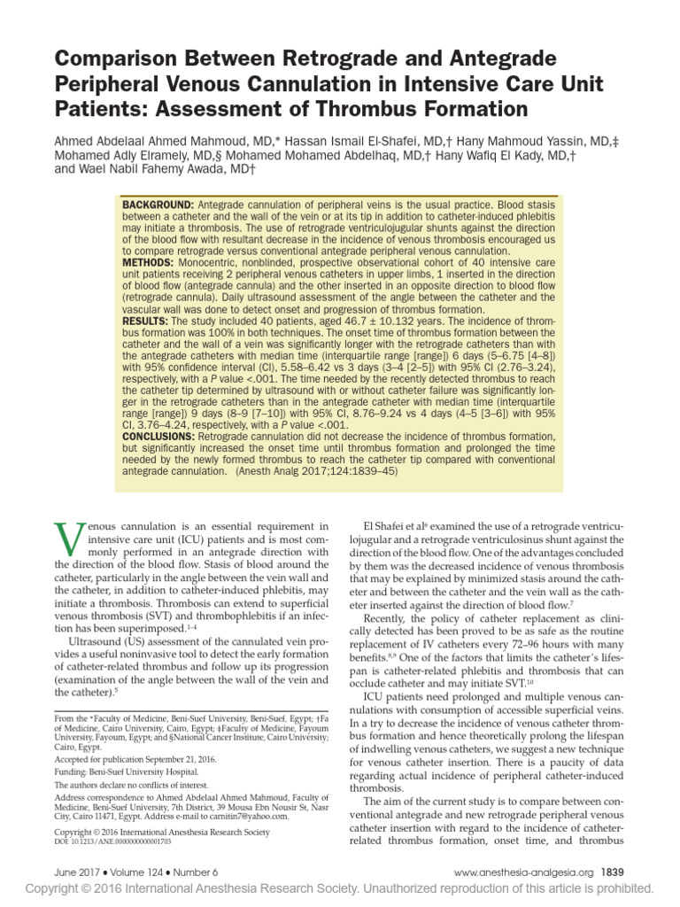 Retrograde vs Antegrade Cannulation Study | PDF | Vein | Thrombosis