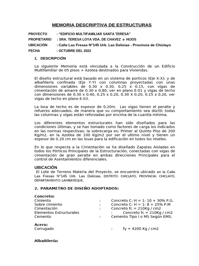 MEMORIA DESCRIPTIVA-ESTRUCTURAS | PDF | Fundación (Ingeniería) | edificio
