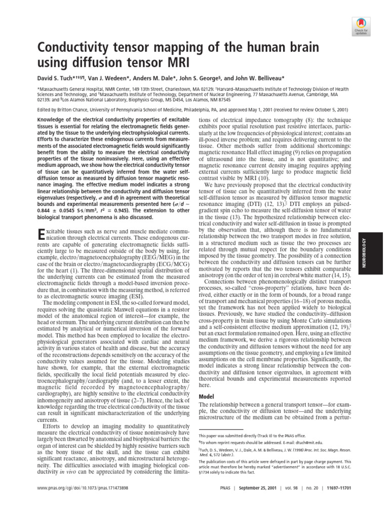 Tuch Et Al 2001 Conductivity Tensor Mapping of The Human Brain Using Diffusion Tensor Mri | PDF ...
