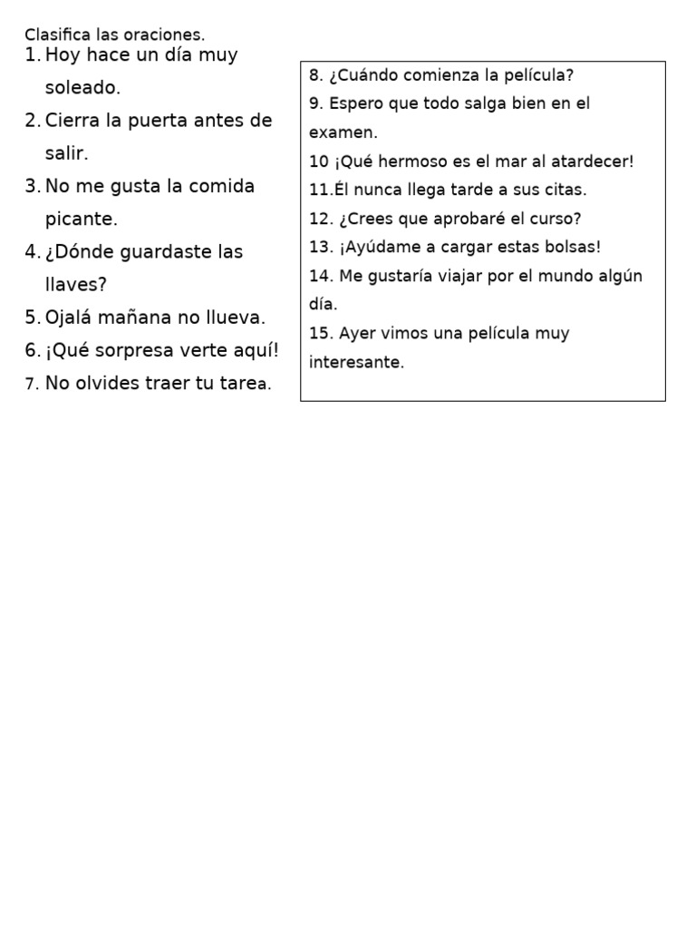 Clasifica Las Oraciones Segun La Intencion Del Hablante | PDF