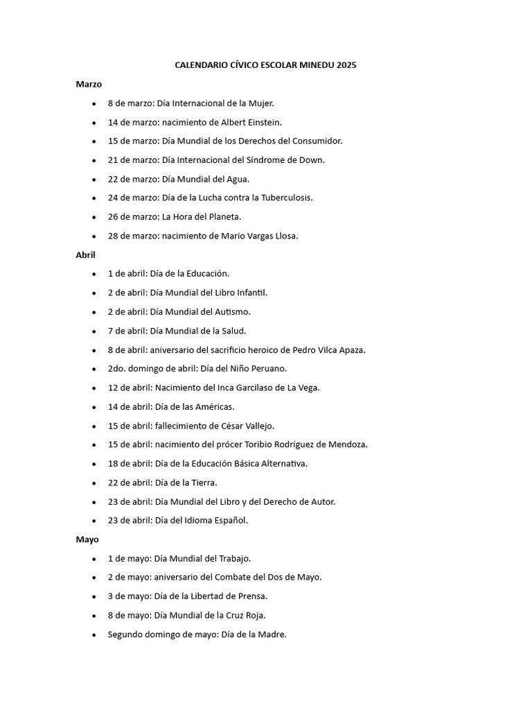 Calendario Cívico Escolar MINEDU 2025 | PDF | Perú