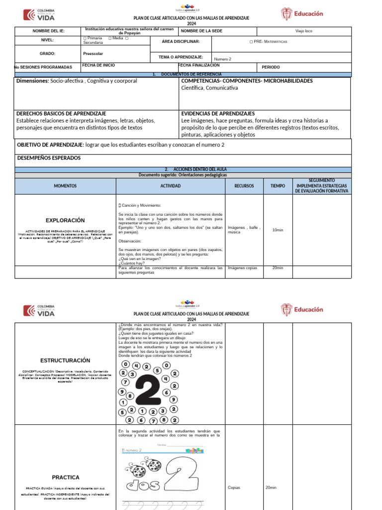 Plan de Clase: Aprendiendo el Número 2 | PDF | Educación de la primera ...