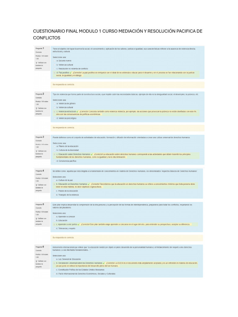 Cuestionario Final Modulo 1 Curso Mediación y Resolución Pacifica de Conflictos | PDF