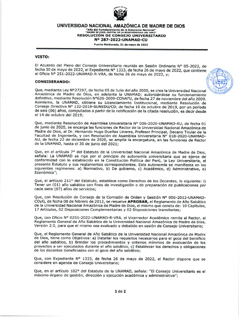 Reglamento General de Año Sabático de La Unamad, Versión 2.0 | PDF