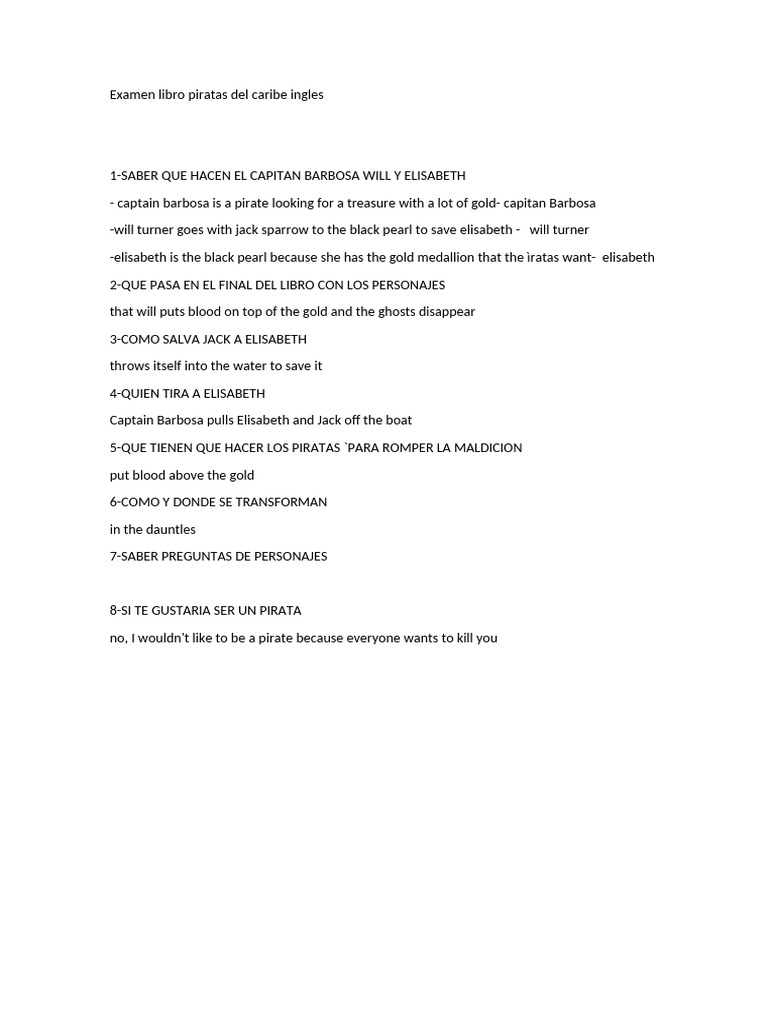 Examen de Piratas Del Caribe Ingles | PDF