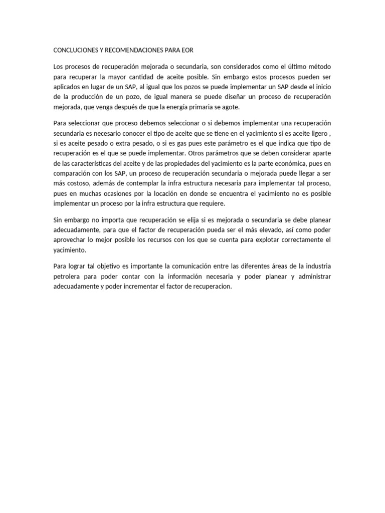 CONCLUCIONES Y RECOMENDACIONES PARA EOR | PDF