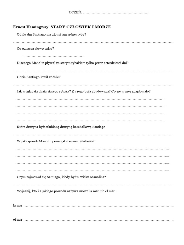 Ernest Hemingway Stary Człowiek I Morze: Karta Pracy Zapiski Z Lektury ...