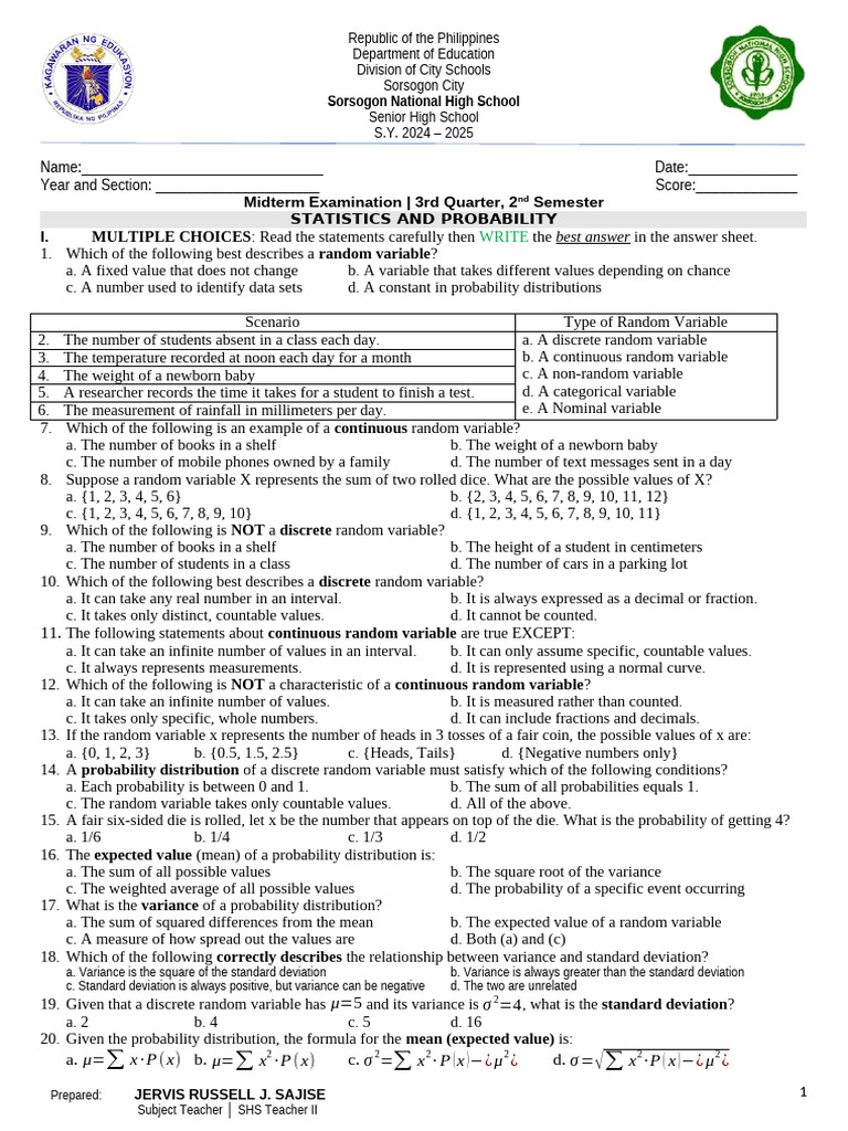 STAT&PROB Midterm Exam 2024-2025 | PDF | Probability Distribution ...