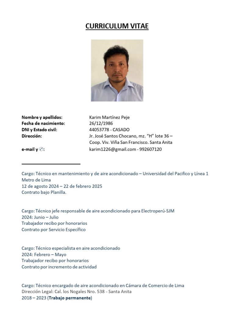 Curriculum Vitae: Nombre y Apellidos: Fecha de Nacimiento: DNI y Estado ...