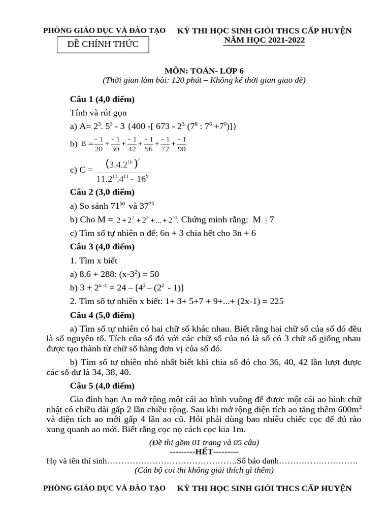 HSG Toan 6 2022 | PDF