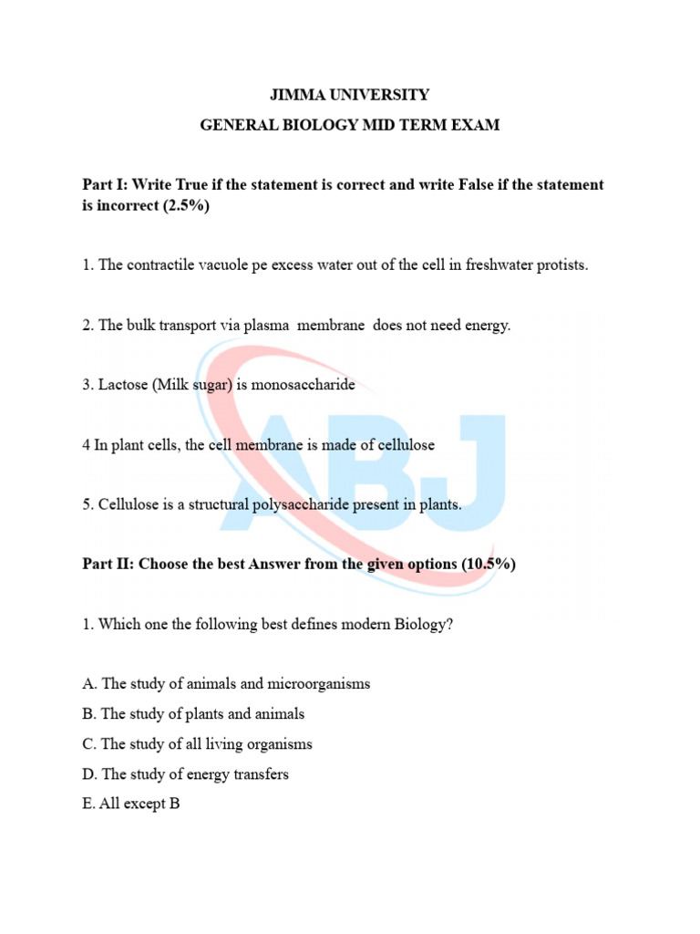Jimma University Biology Midterm Exam | PDF | Cell Membrane | Cell ...