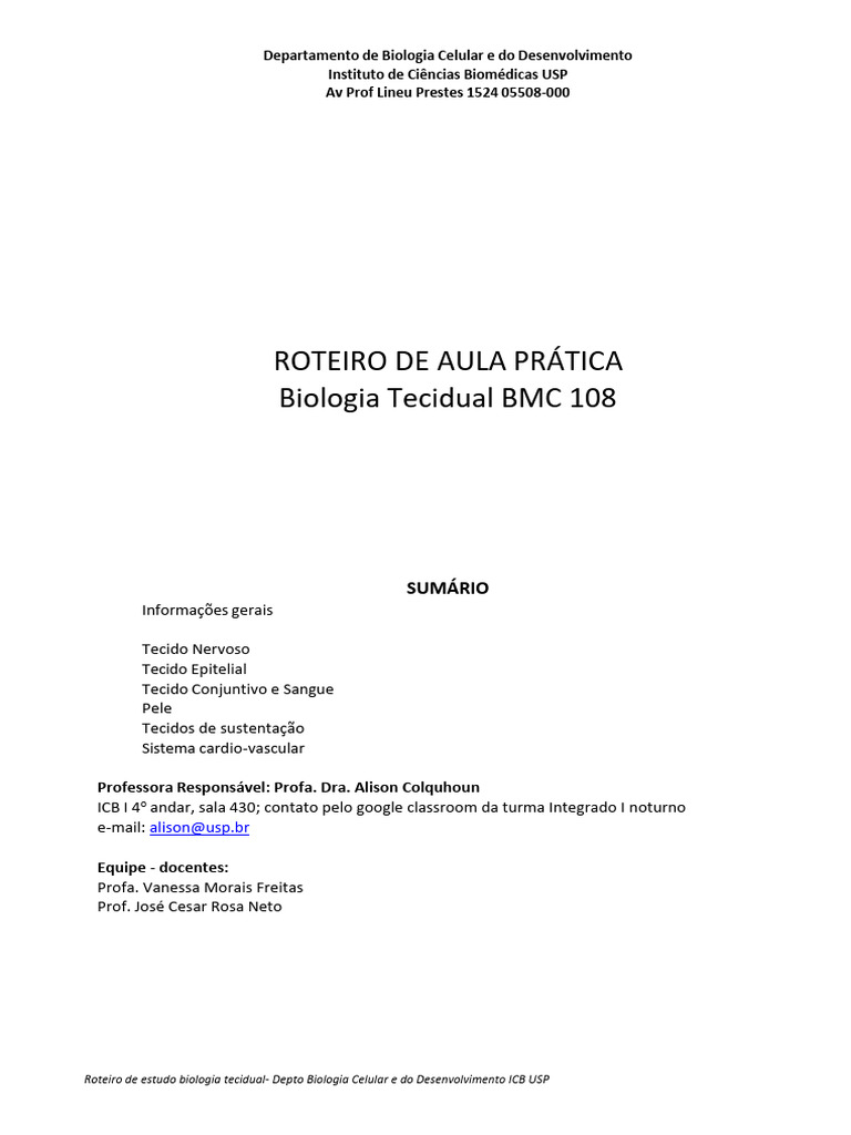 ROTEIRO AULAS PRÁTICAS BIOCEL | PDF | Epitélio | Pele
