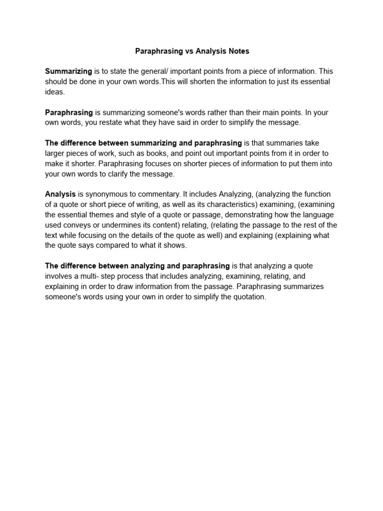 Paraphrasing Vs Analysis Notes | PDF