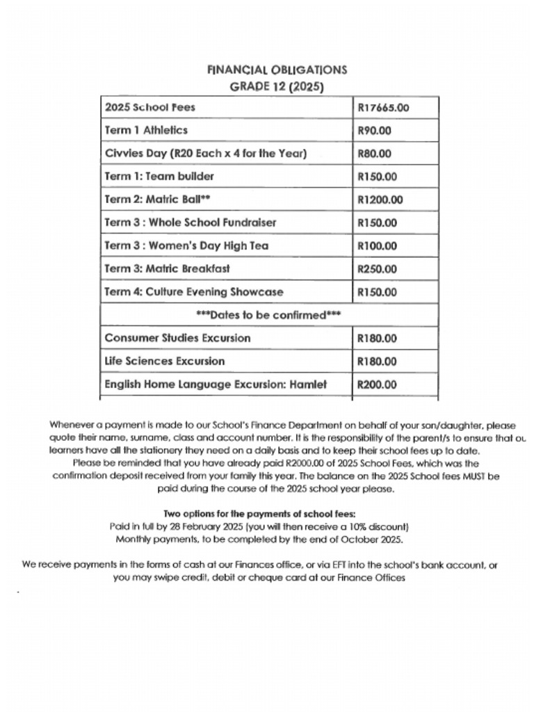 Grade 12 Financial Obligations 2025 | PDF