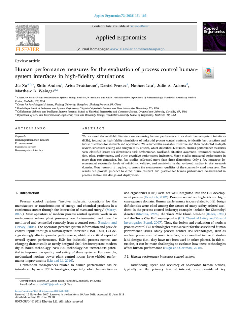 Human Performance Measures For The Evaluation of Process Control Human ...