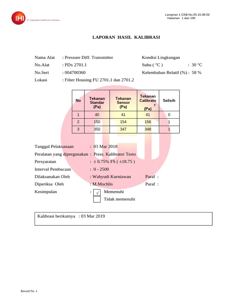 Laporan Hasil Kalibrasi 2018 (Rev.1) | PDF