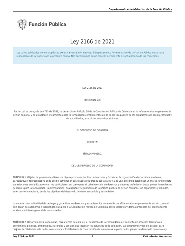 Ley 2166 de 2021: Acción Comunal en Colombia | PDF | Democracia ...