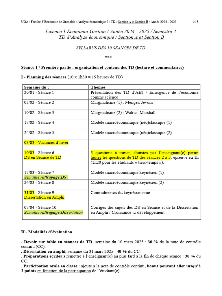 TD1 - AE2 - 1. Syllabus 2025 - SA Et SB - Etudiants | PDF | Économie ...
