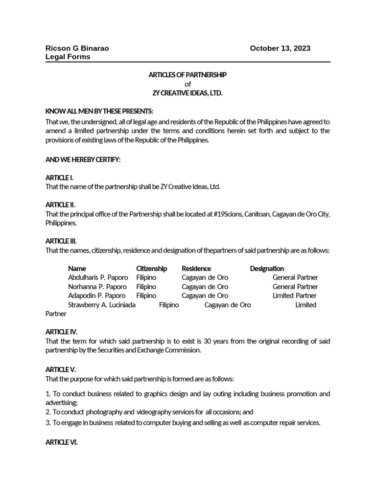 ARTICLES OF PARTNERSHIP | PDF | Partnership | Limited Partnership
