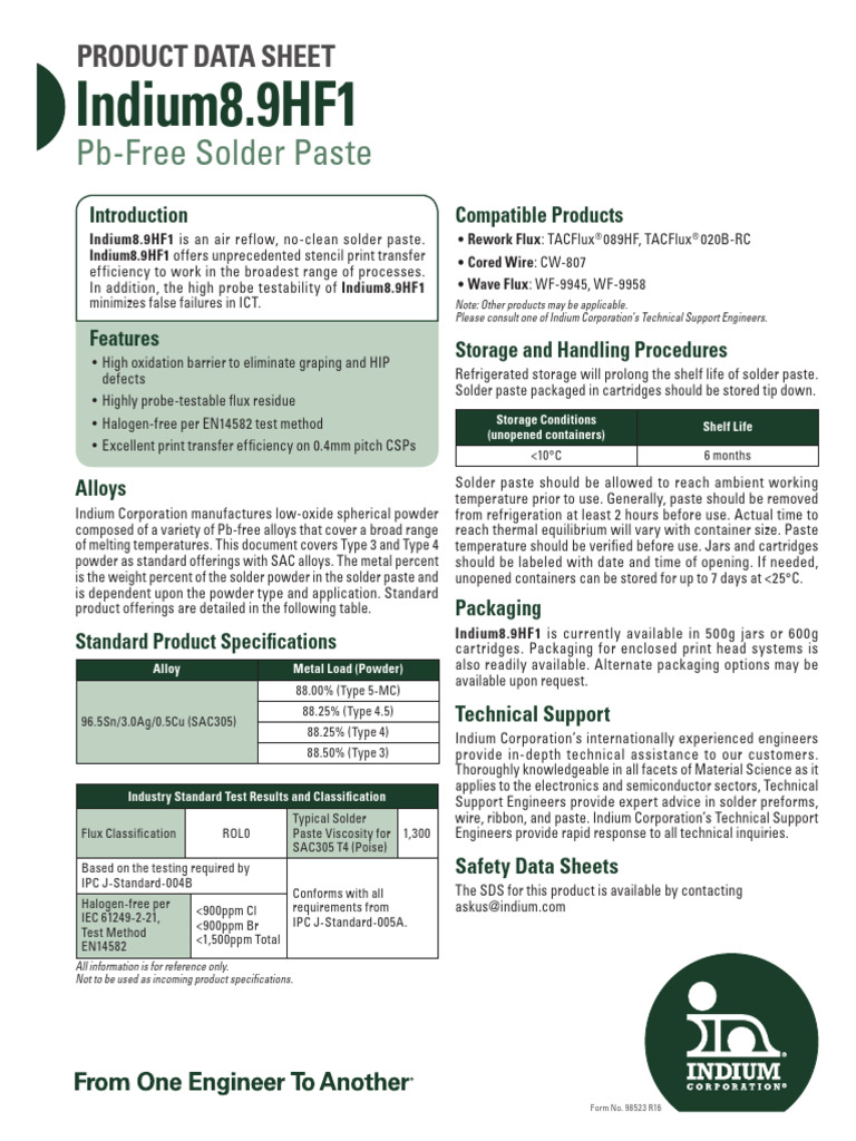 Indium8.9hf1 Pbfree Solder Paste 98523 r16 | PDF | Materials