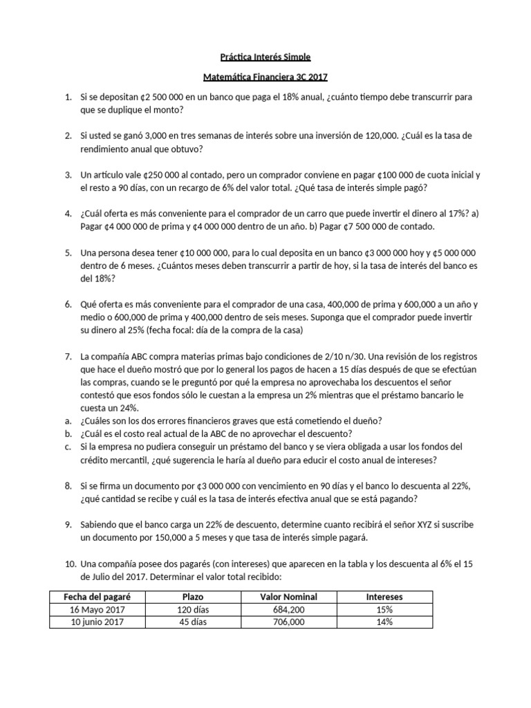 Práctica Interés Simple 3C 2017 | PDF | Interés | Bancos