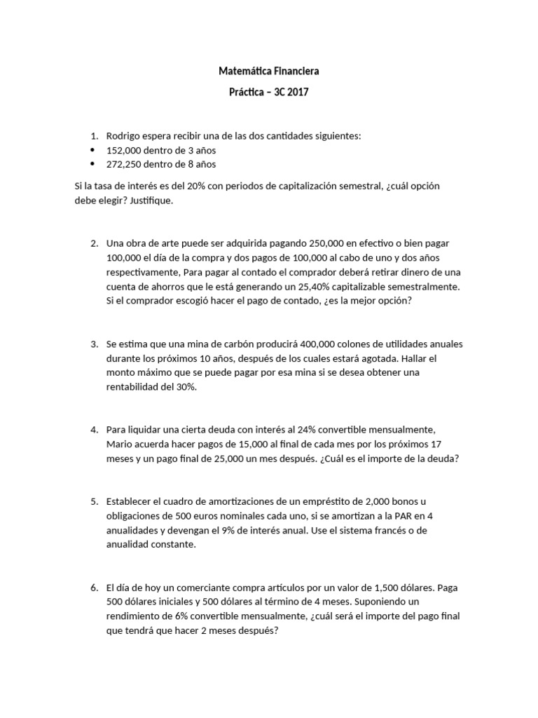 Practica Matemática Financiera - 3C 2017 | PDF