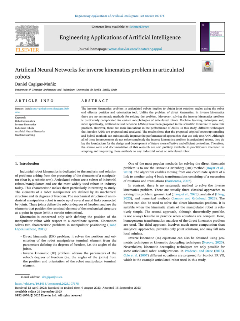 Artificial Neural Networks for inverse kinematics problem in articulated robots | PDF | Deep ...