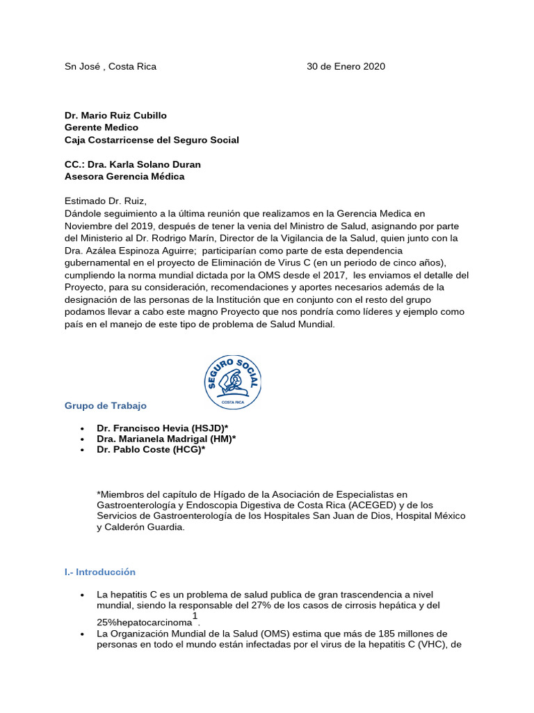Carta CCSS Proyecto de Eliminación Hepatitis C | PDF | Hepatitis C | Virus de la hepatitis C