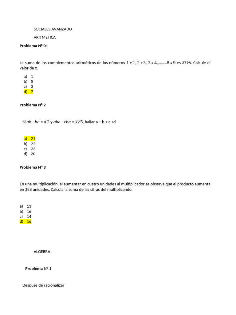Preguntas Semanal Algebra y Aritmetica Carlos Coila MATE 2 | PDF | División (Matemáticas ...