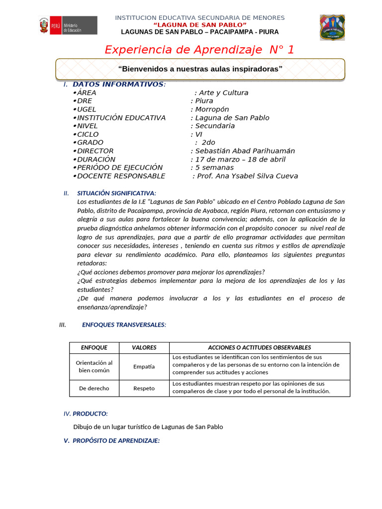 Experiencia de Aprendizaje 1 | PDF | Aprendizaje | Evaluación