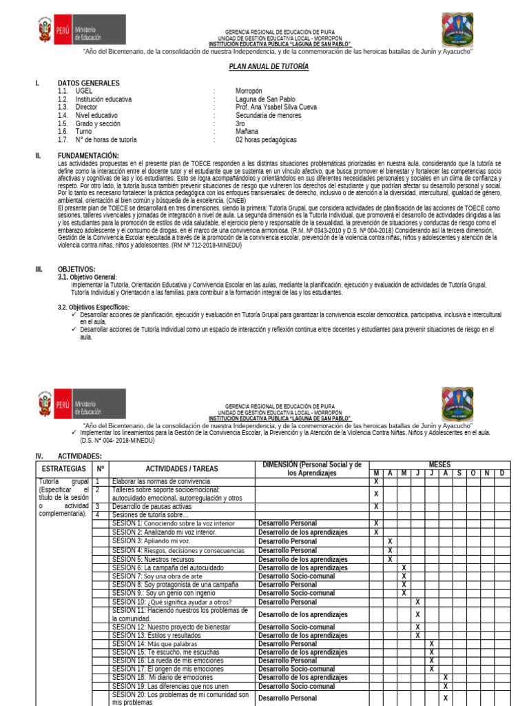 Plan Tutorial de Aula 3ro 2024 | PDF | Salón de clases | Desarrollo personal
