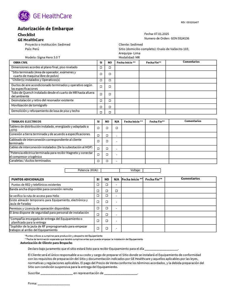 Checklist de Autorización de Embarque GE Healthcare | PDF | Ingenieria ...