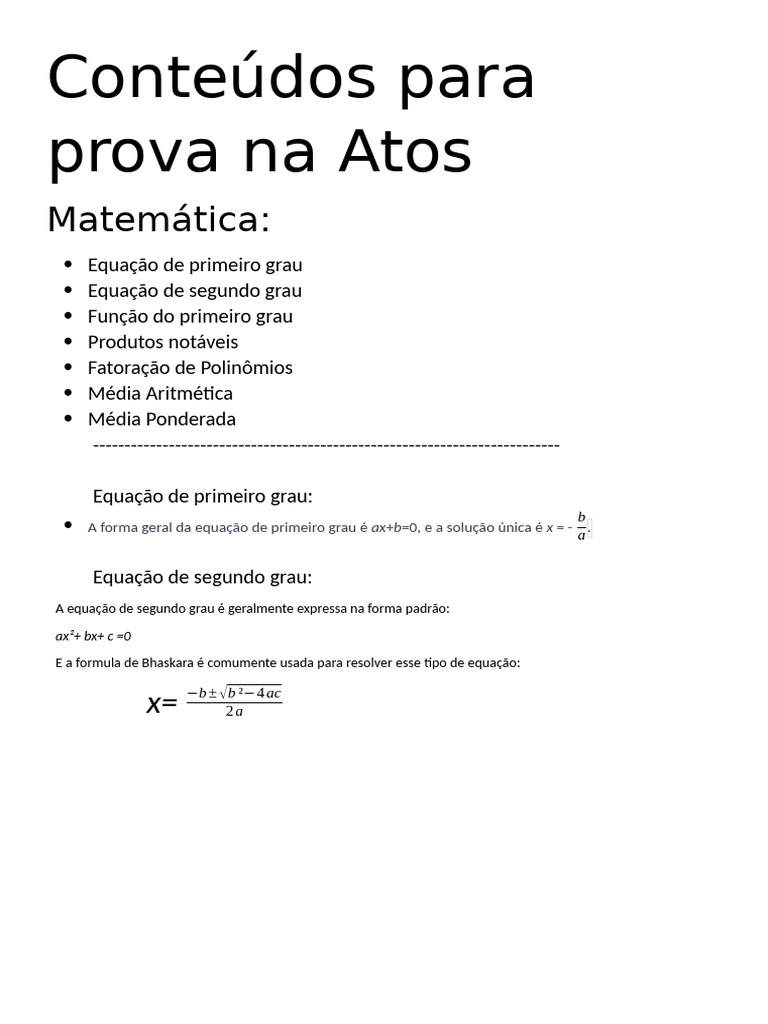 Conteúdo Prova Escola Atos | PDF