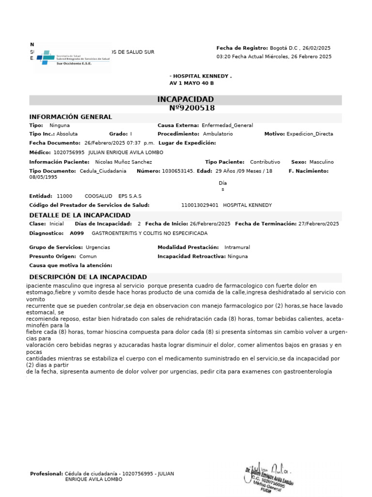 Copia de Incapacidad - Medica - Brandon - Alfonso | PDF | Cuidado de la ...