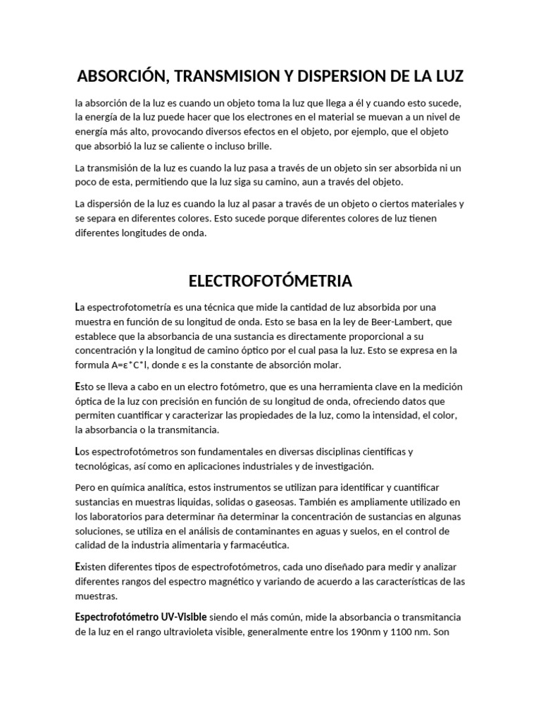 Luz: Absorción, Transmisión y Espectrofotometría | PDF ...