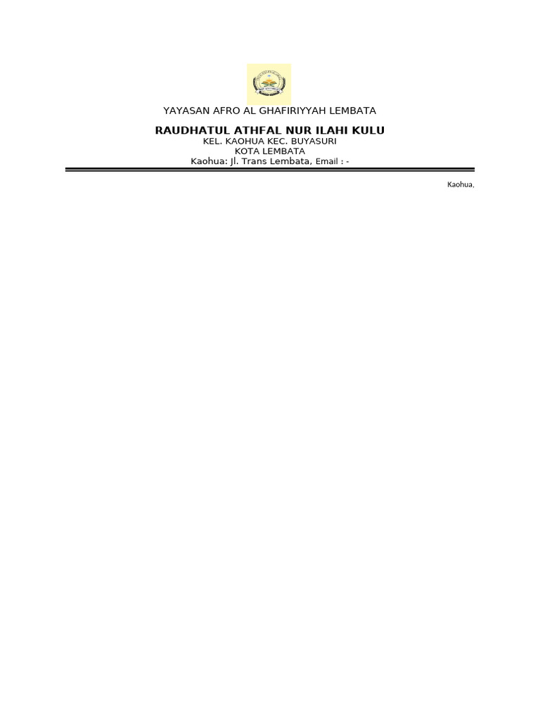 Raudhatul Athfal Nur Ilahi Kulu: Yayasan Afro Al Ghafiriyyah Lembata | PDF