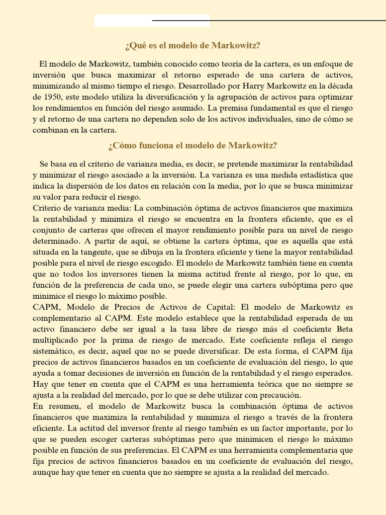 Modelo de Markowitz | PDF | Modelo de fijación de precios de activos de ...