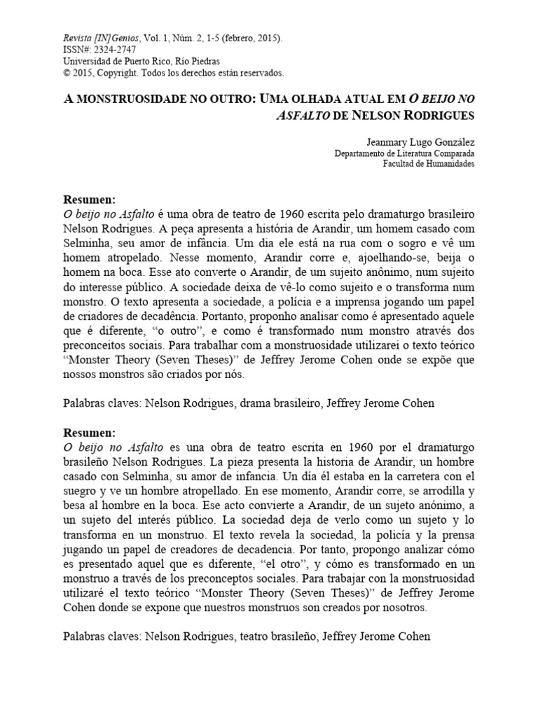 A Monstruosidade No Outro Uma Olhada Atual em o Beijo No Asfalto de ...