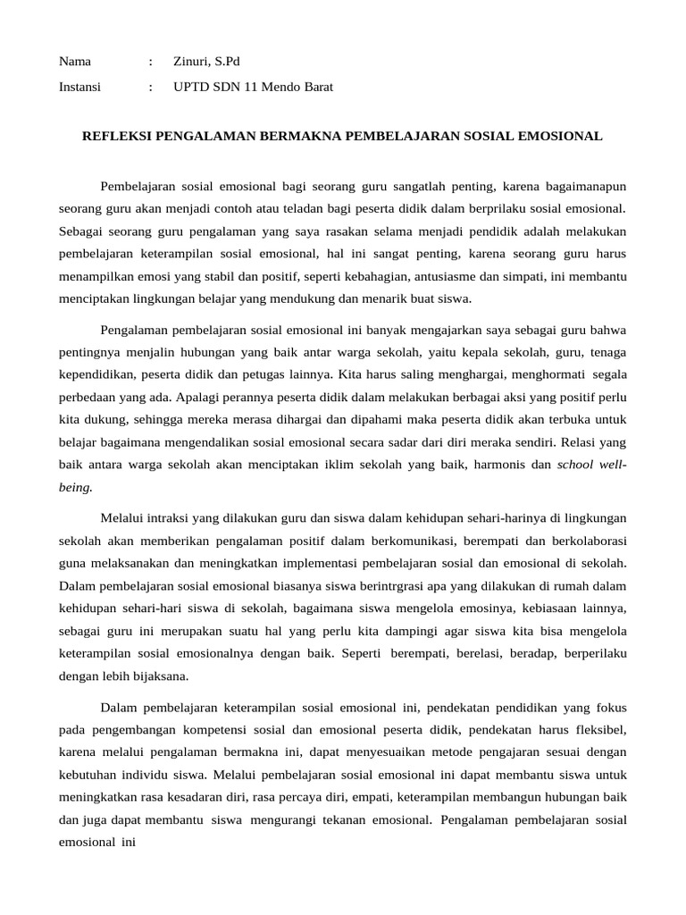 Refleksi Pengalaman Bermakna Pembelajaran Sosial Emosional | PDF