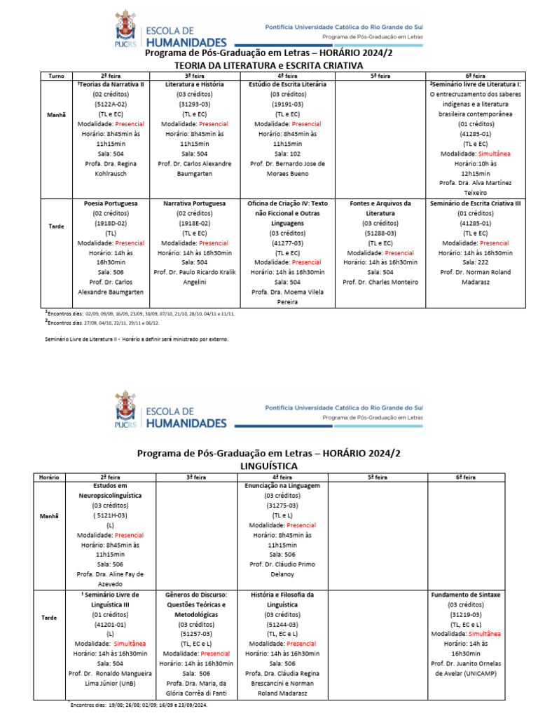 Eh Grade Horario PPG Letras 2024 2 | PDF | Linguística | Comunicação
