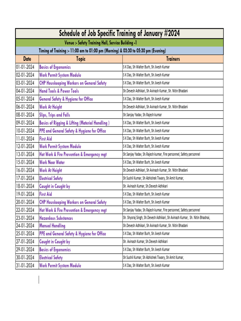 January 2024 Safety Training Schedule | PDF | Business | Labor Relations