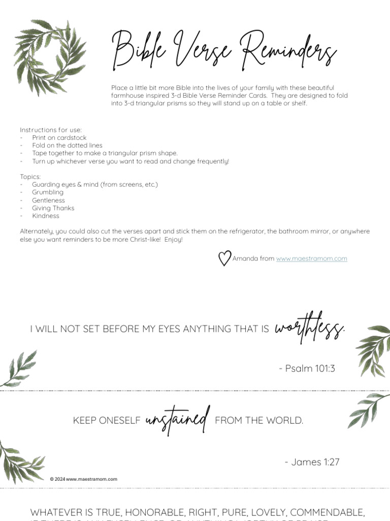 Bible Verse Reminder Cards MaestraMom | PDF | Patience | Humility