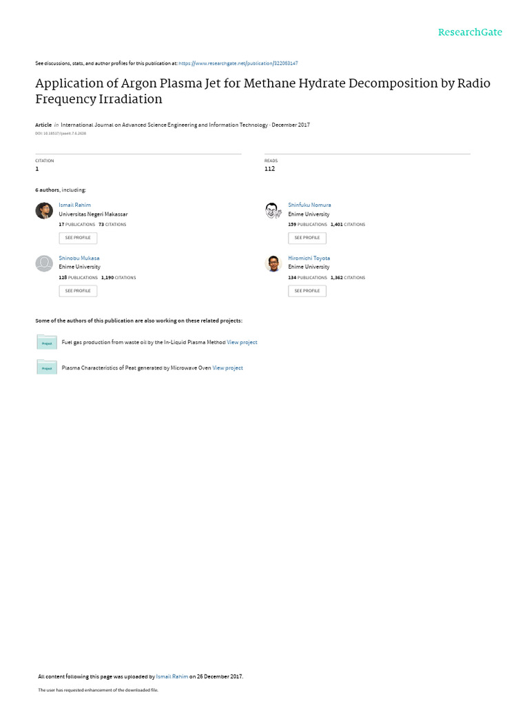 Applicationof Argon Plasma Jetfor Methane Hydrate Decomposition | PDF | Methane | Fuels