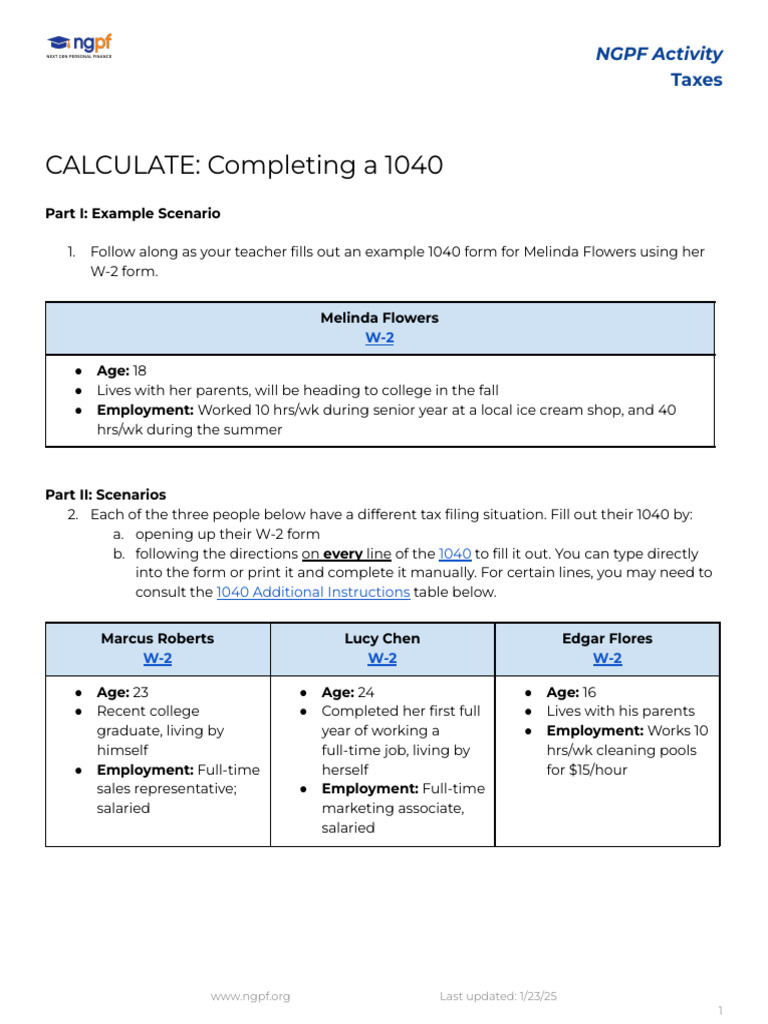 Spring '25 CALCULATE - Completing A 1040 | PDF | Government Finances ...